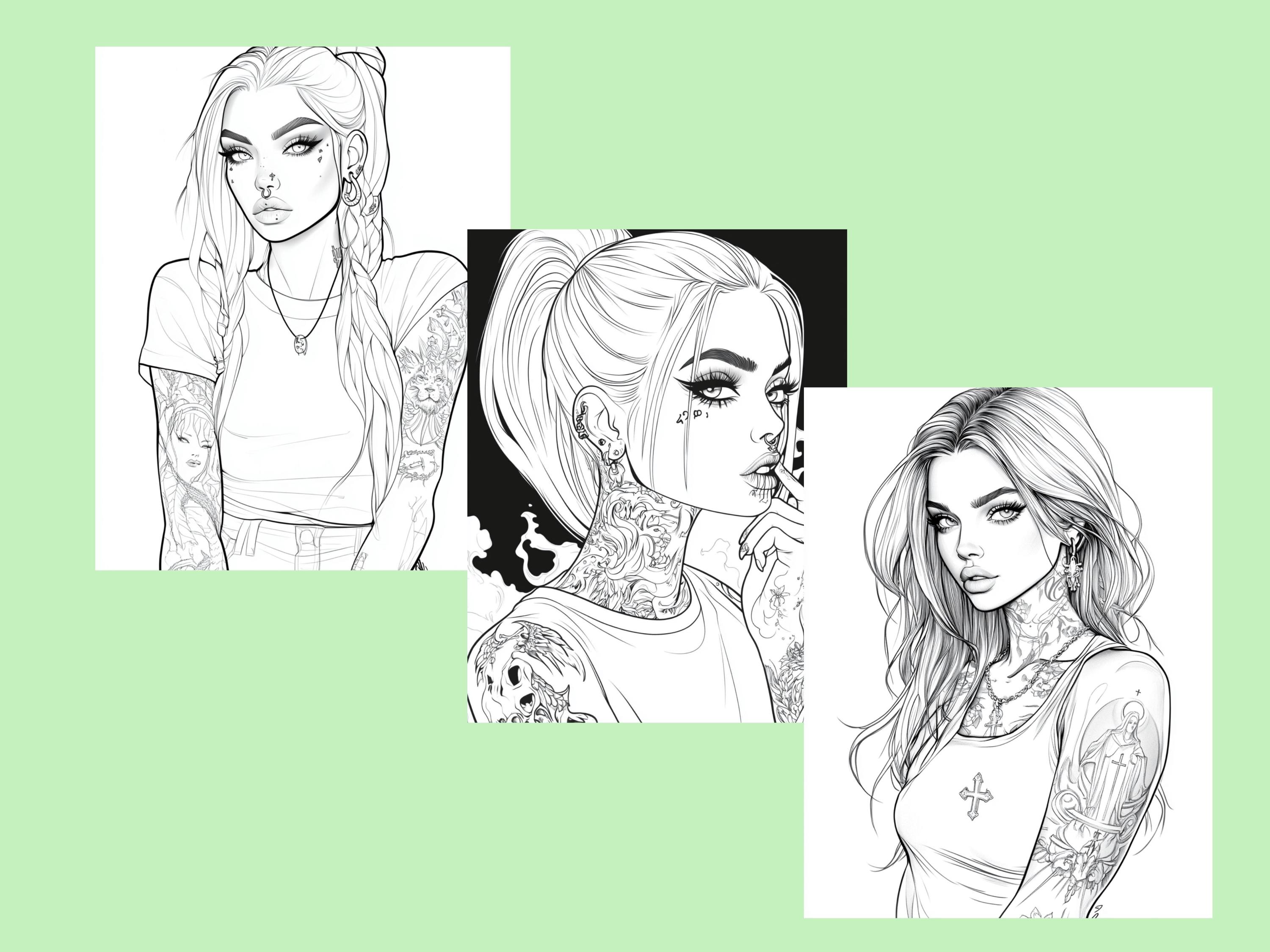 50 Coloring Pages of Portraits of Tattooed Girls, Tattoos Coloring Book ...