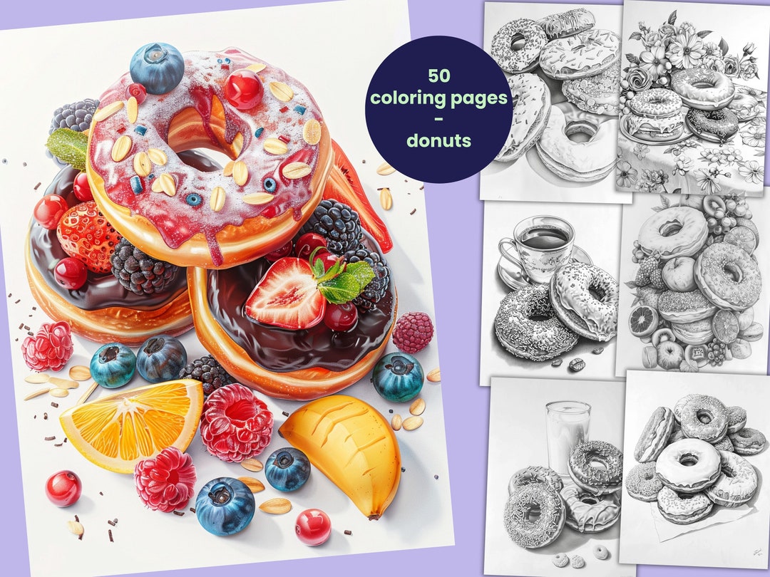 50 Donut Coloring Pages, Dessert Coloring, Coloring Book for Adults and ...