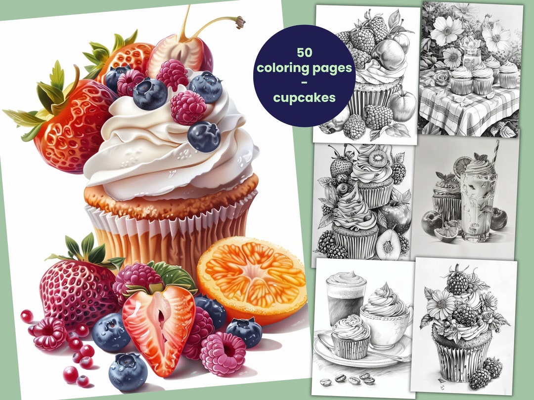 50 Cupcake Coloring Pages, Dessert Coloring, Coloring Book for Adults ...