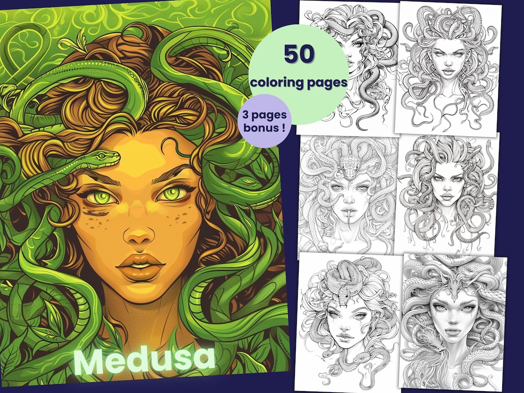 50 Medusa Coloring Pages, Fantasy Coloring Book for Adults and Kids ...