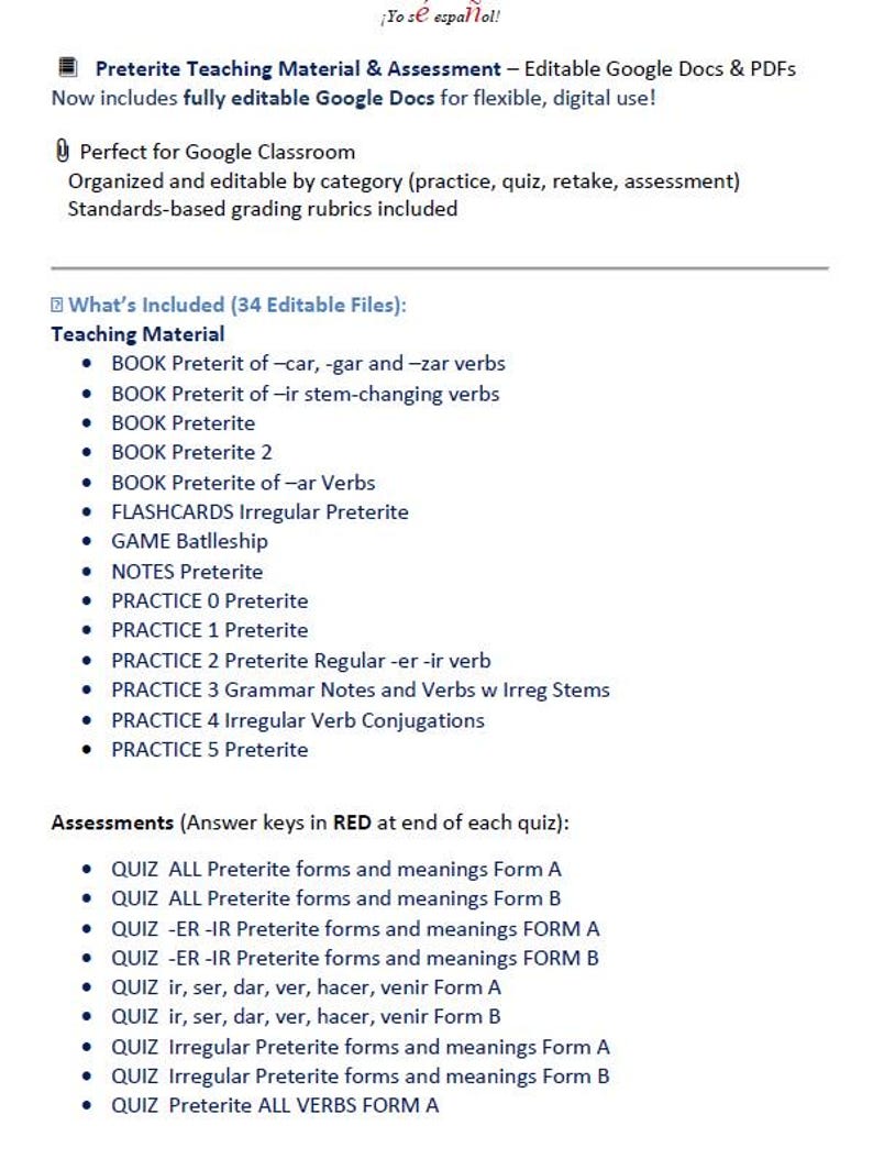 Spanish Preterite Tense: Editable Google Docs, Quizzes, Rubrics ...
