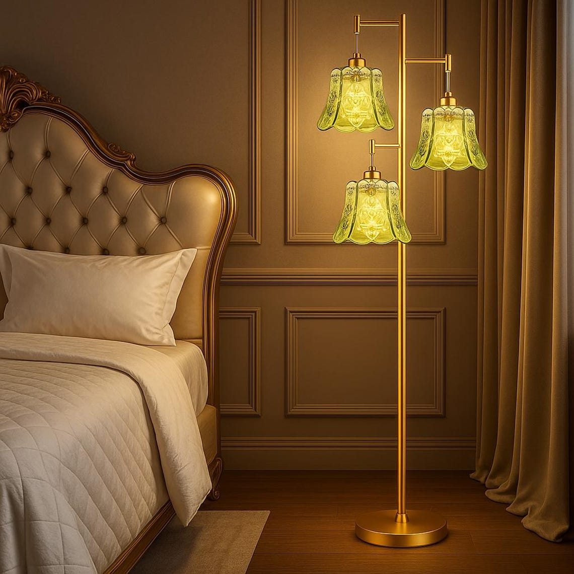 Mid Century Gold Floor Lamp, Green Glass, 3-light, Adjustable - Etsy