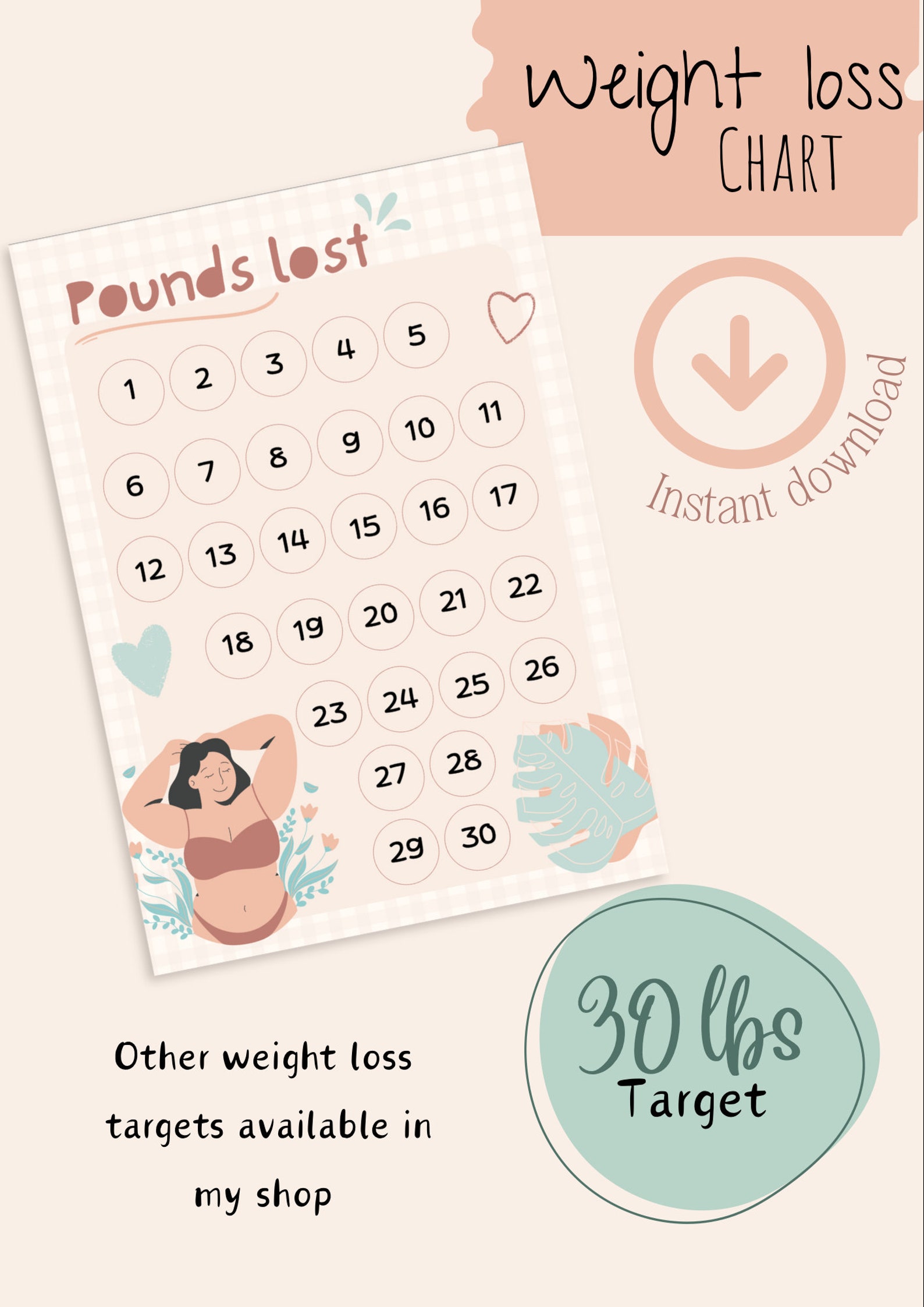 Colour in Weight Loss Chart, 30 Lbs Target Instant Download, Pounds ...
