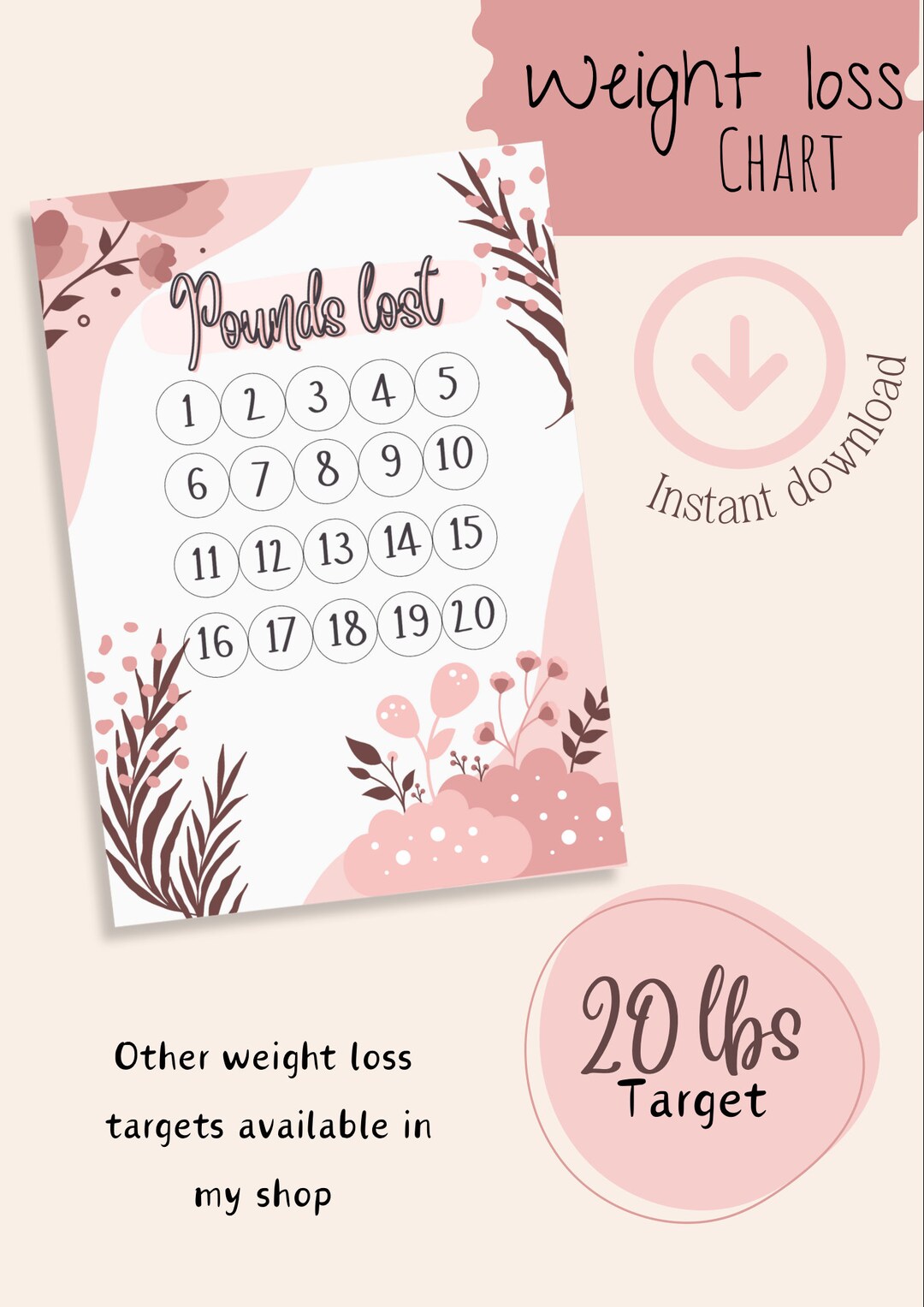 Colour in Weight Loss Chart, 20 Lbs Target Instant Download, Pounds ...