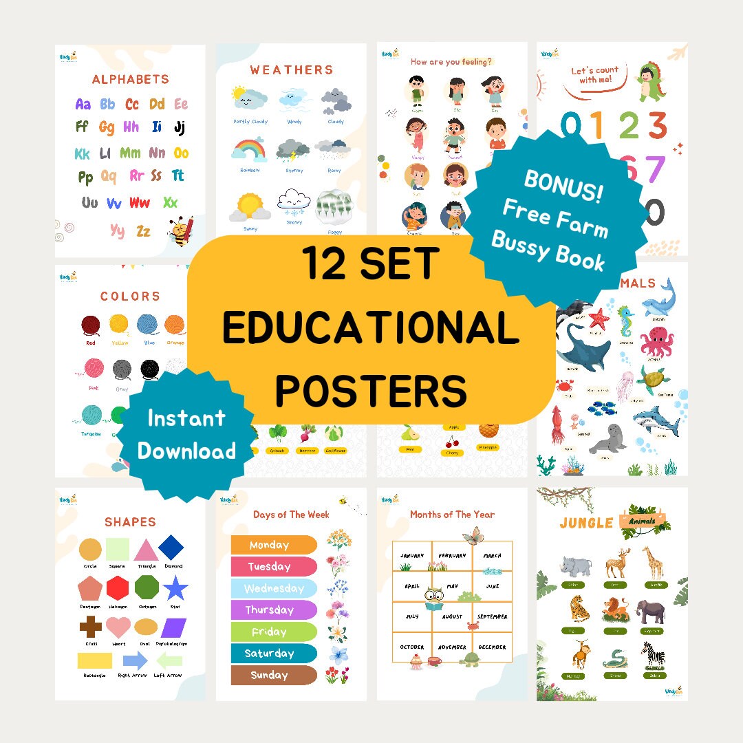 12 Set Ilustration Posters, Educational Poster for Toddler and Pre ...