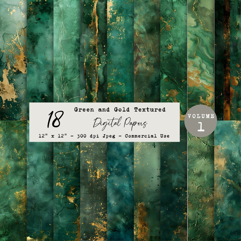 Green and Gold Foil Texture Digital Paper, Emerald Green and Gold ...