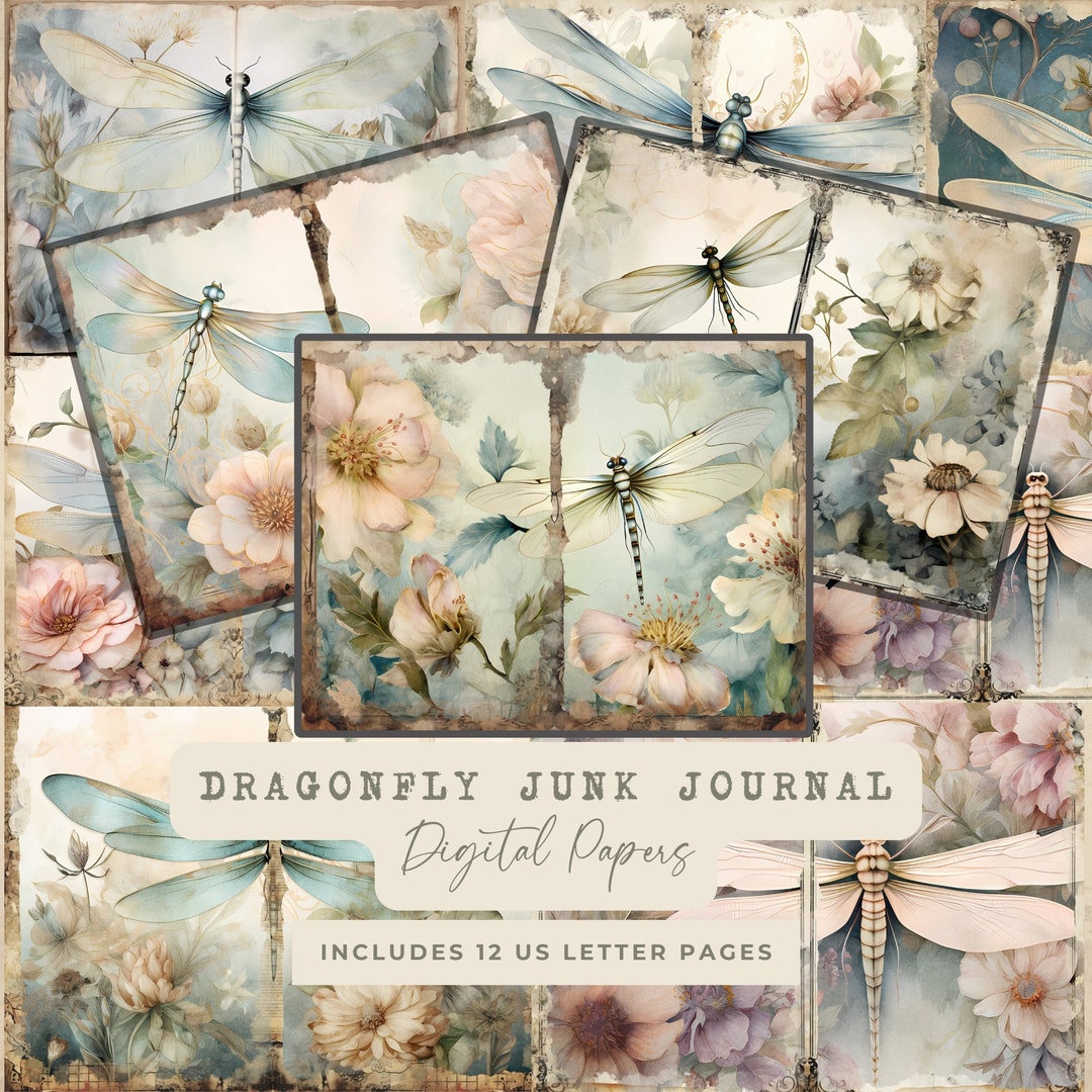 Dragonfly Junk Journal Papers, Watercolor Dragonflies Digital Paper Vintage Flower Printable ...