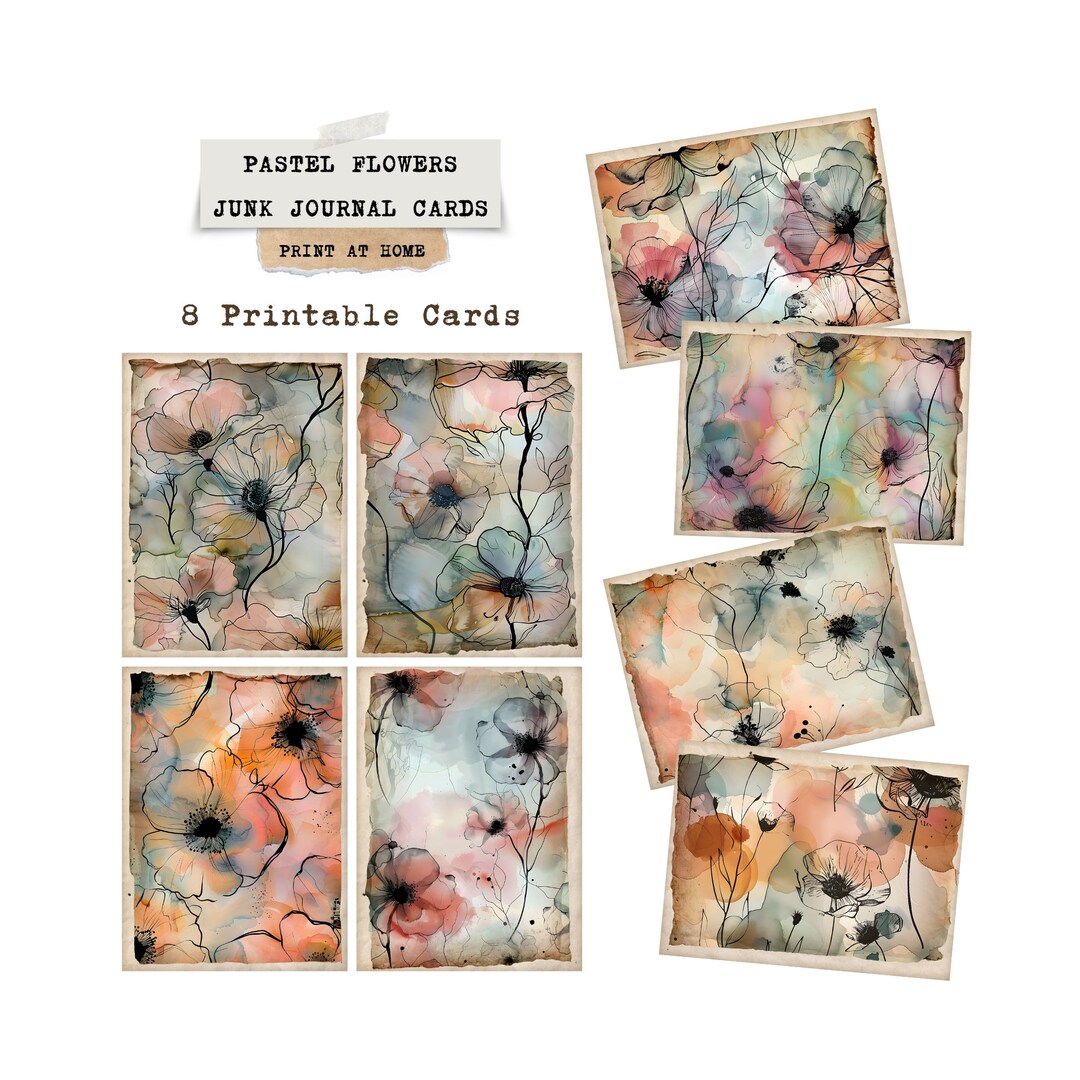 Floral Alcohol Ink Junk Journal Cards, Scrapbook Ephemera Postcards ...