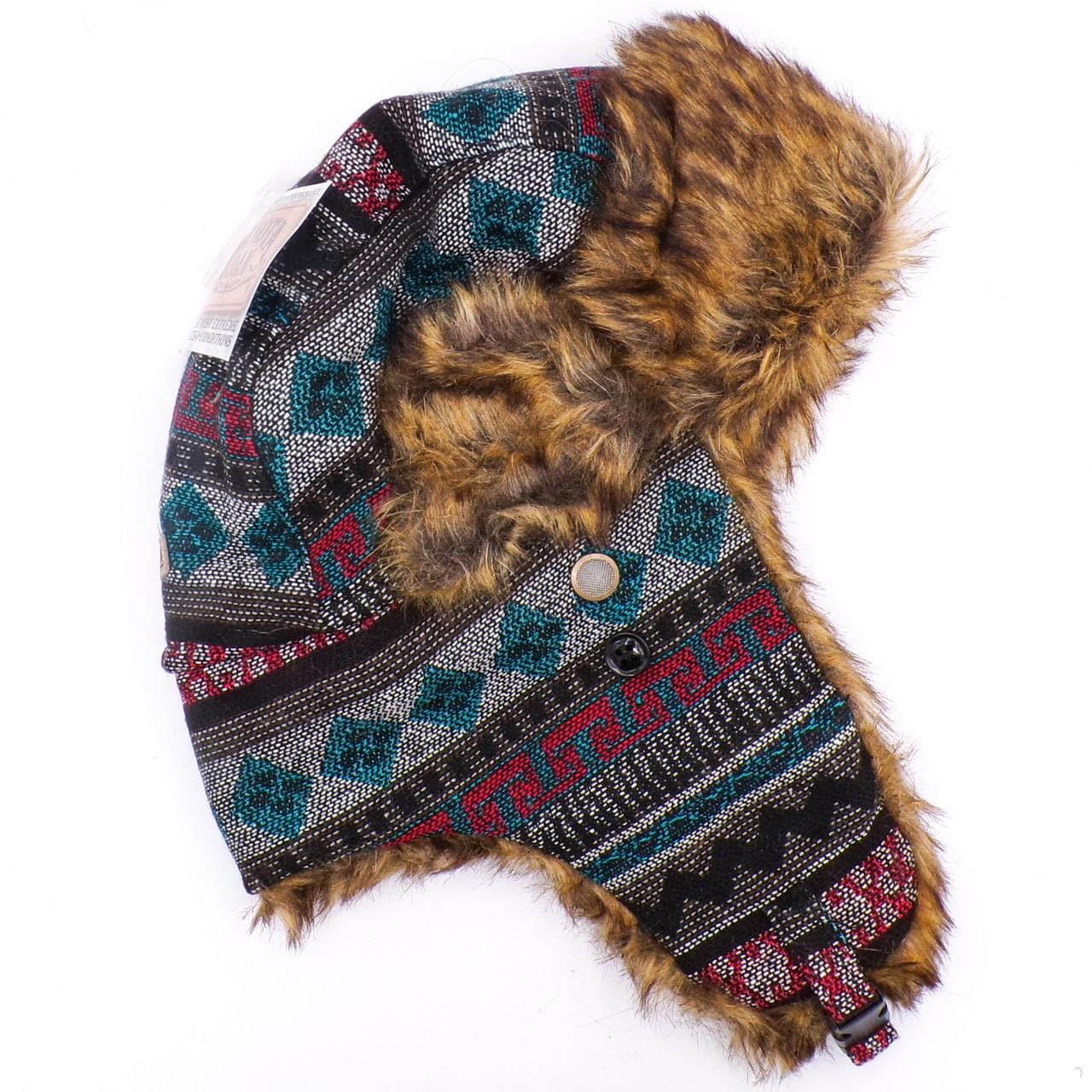 Aqua + Red Patterned Faux Fur Lined Knit Trappers Hat W/ear Holes ...