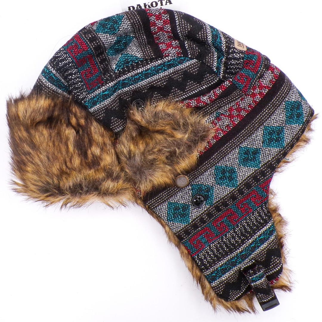 Aqua + Red Patterned Faux Fur Lined Knit Trappers Hat W/ear Holes ...