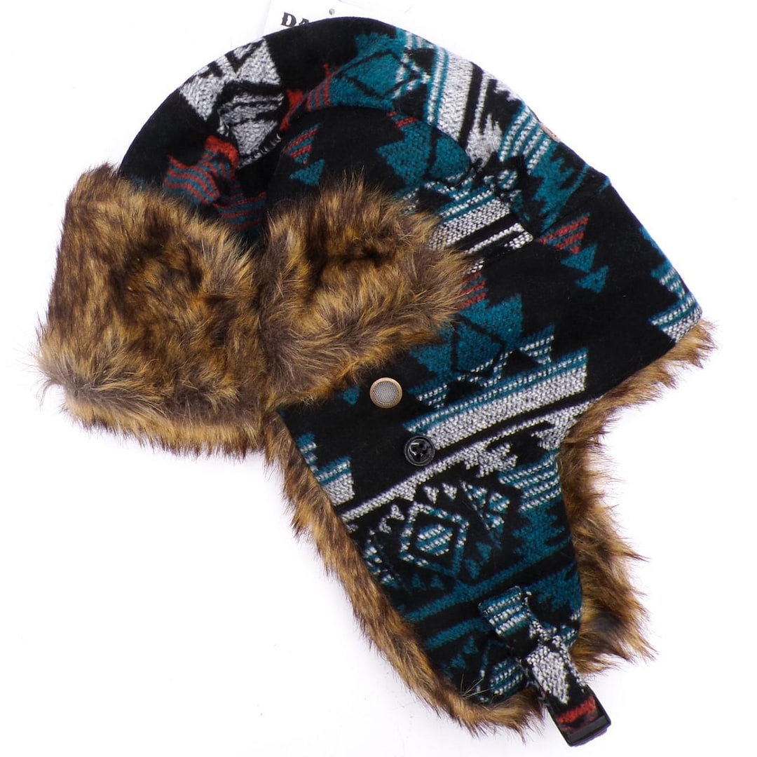 Southwestern Black + Aqua Faux Fur Lined Knit Trappers Hat W/ear Covers ...