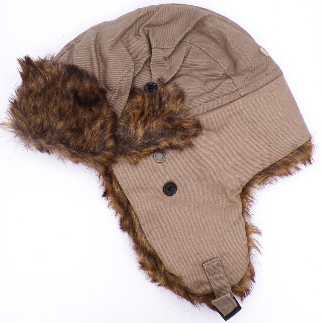 Lt. Brown Faux Fur Lined Knit Trappers Hat W/ear Holes + Chin Strap ...