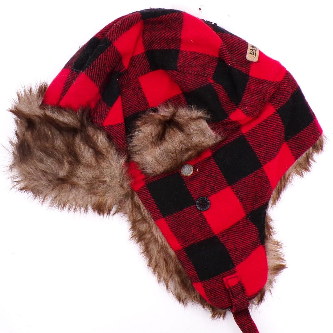 Red Checkered Faux Fur Lined Knit Trappers Hat W/ear Holes + Chin Strap ...