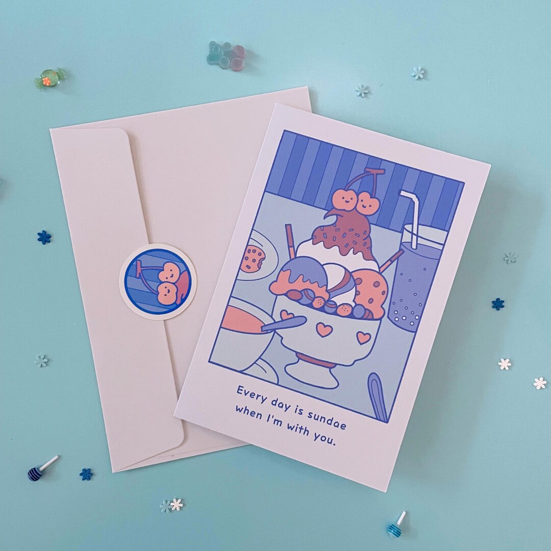 Cute Ice Cream Sundae Greeting Card With Free Bonus Sealing Sticker - Etsy