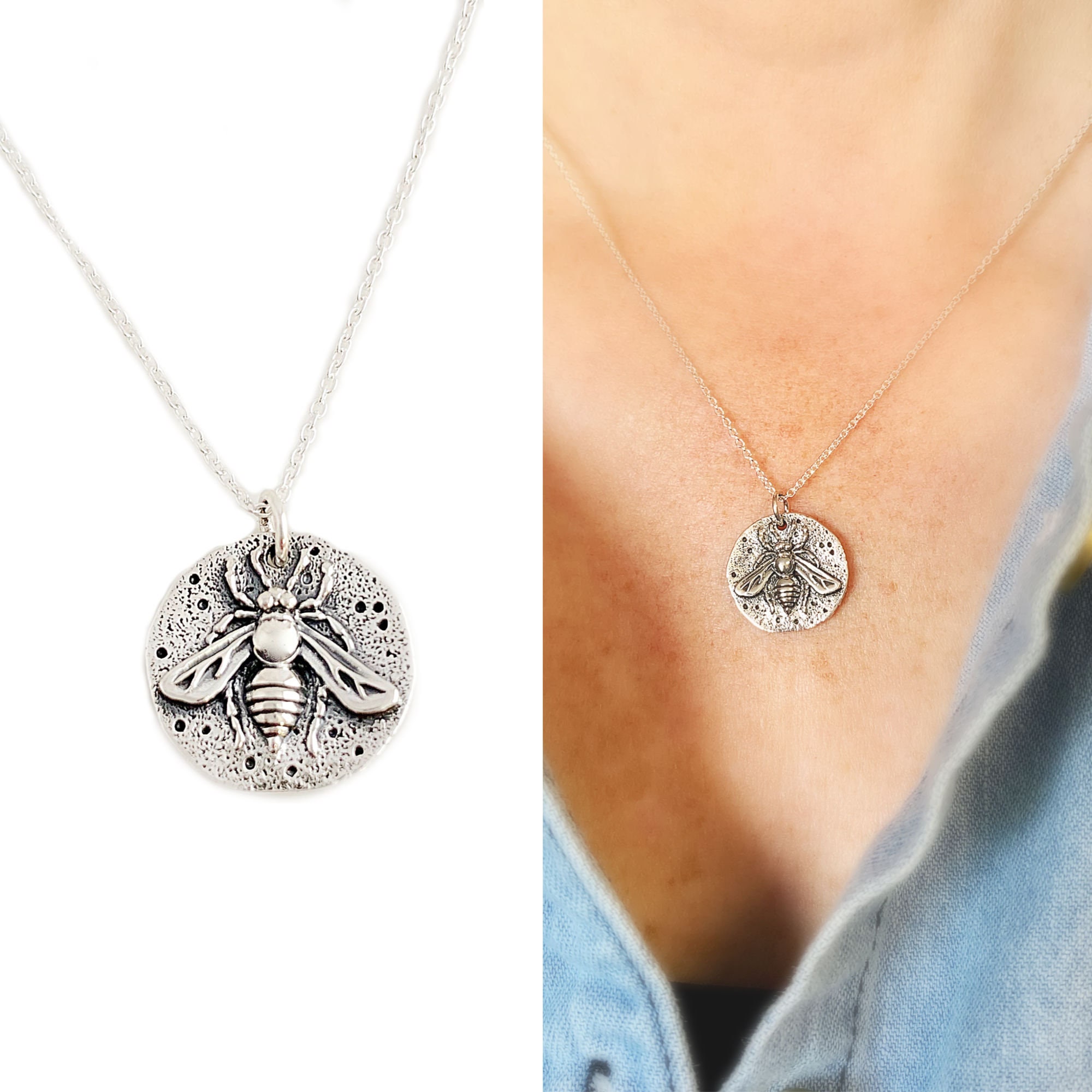 Bee Necklace Sterling Silver Jewelry for Women Round Coin | Etsy