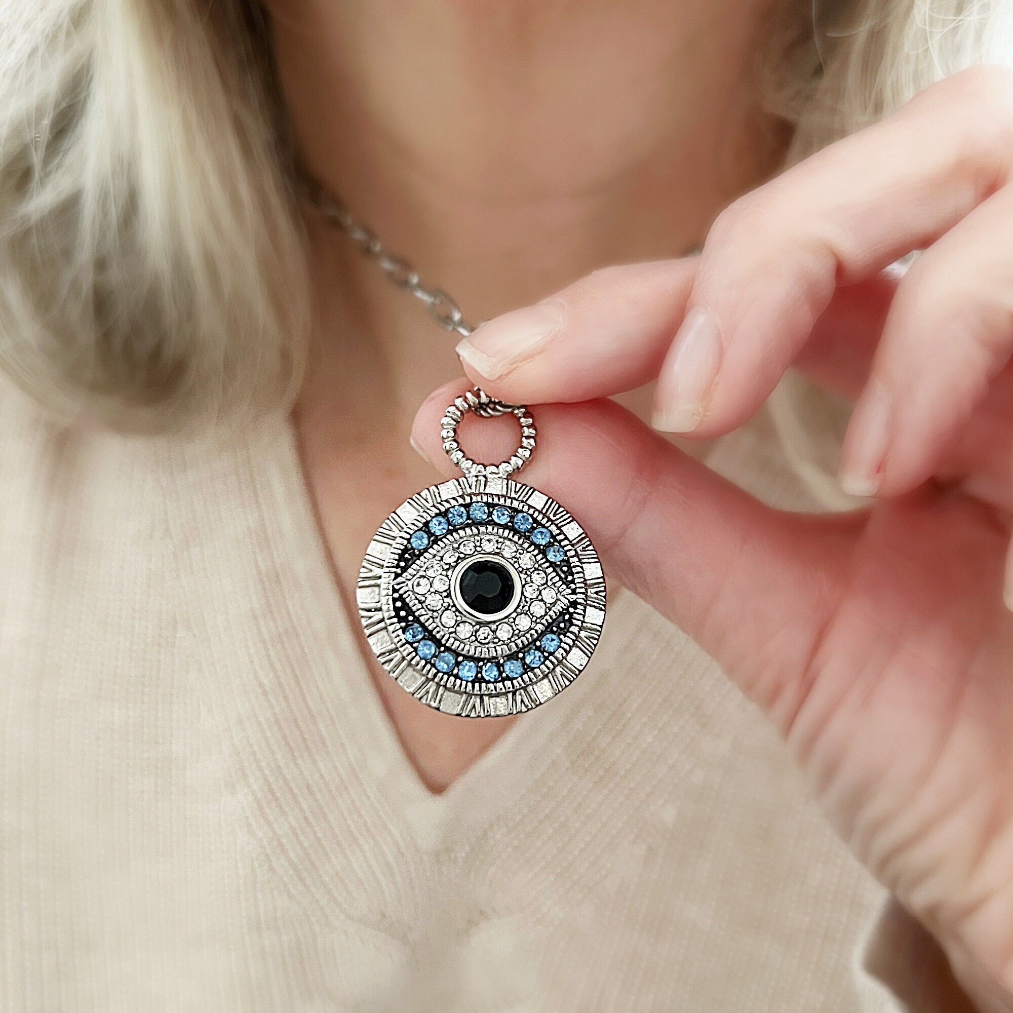 Evil Eye Necklace Statement Protection Pendant Paperclip Chain Jewelry Boho Gift for Her Women s Accessory Valentines Day Etsy