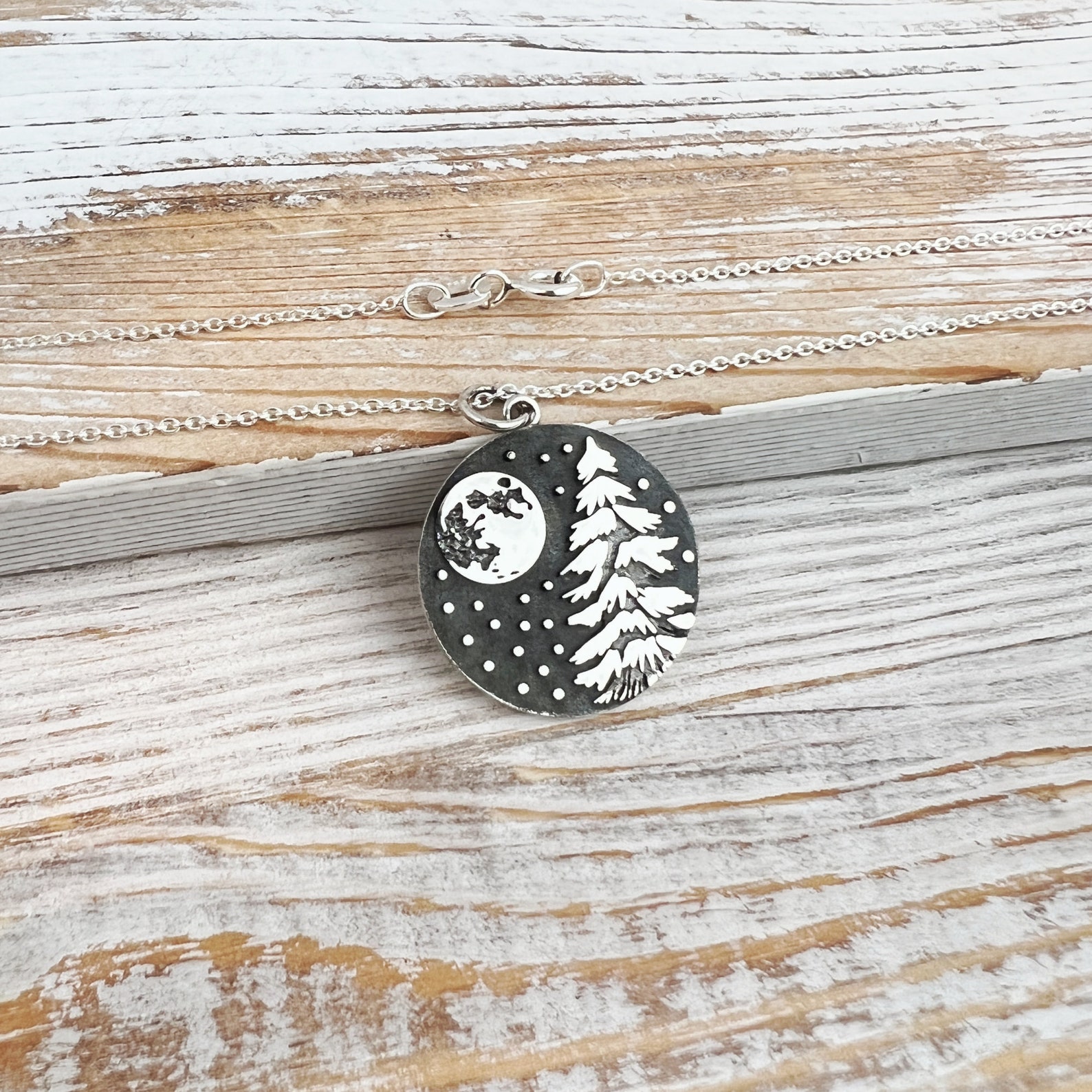 Round Pine Tree and Full Moon Necklace Winter Snowy Scene - Etsy