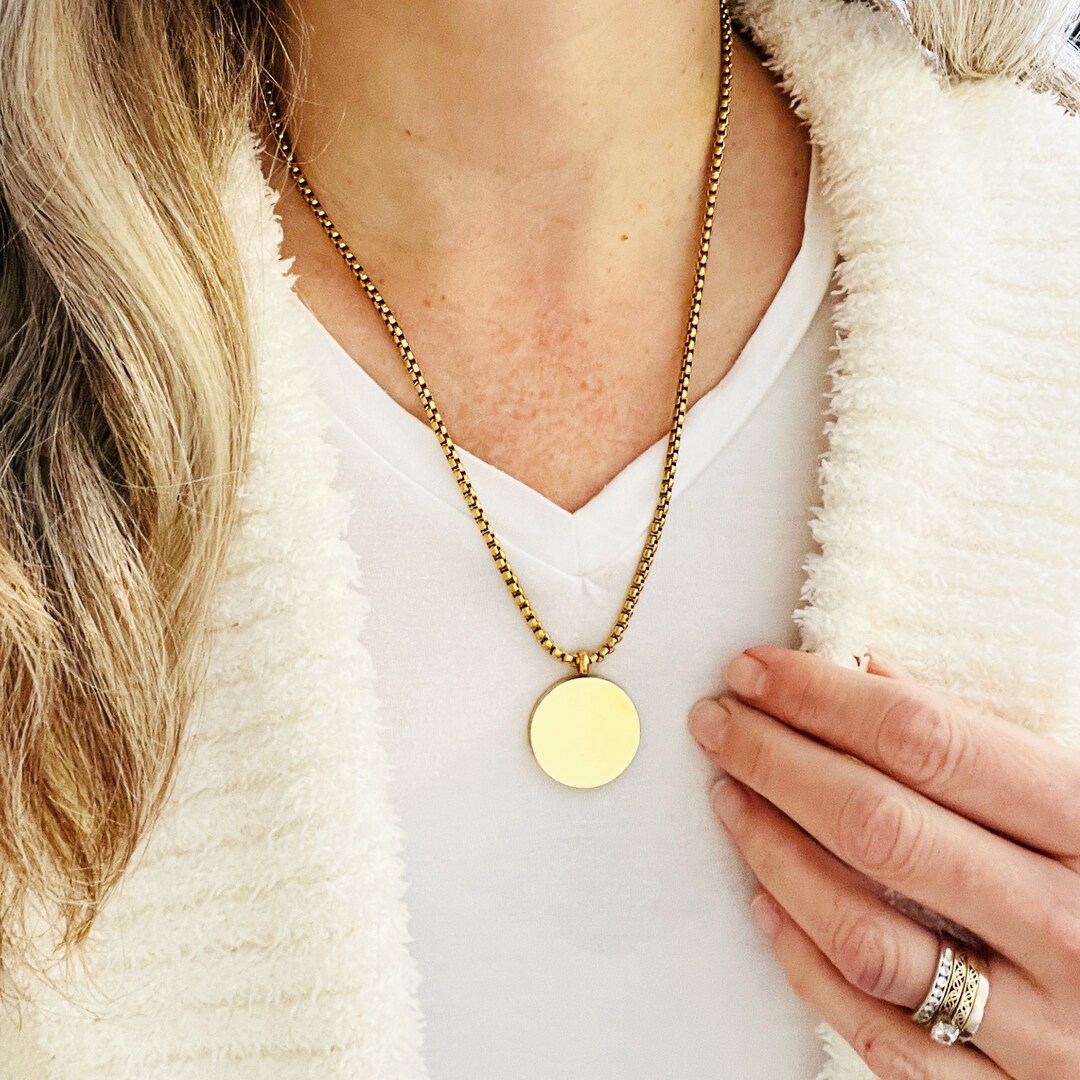 Gold Mirror Pendant Necklace, Stainless Steel, Reflective Large Pendant ...