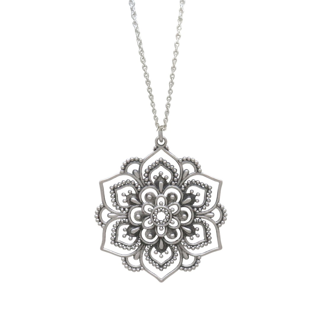 Open Mandala Necklace, Large Lotus Pendant, Sterling Silver Flower ...
