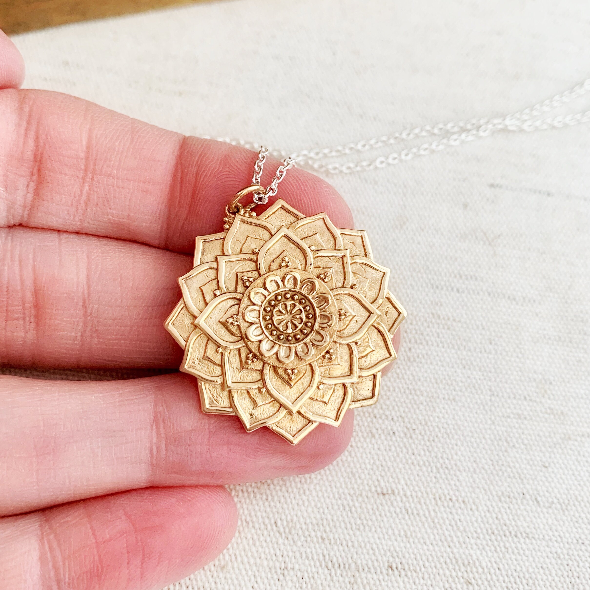 Large Flower Mandala Necklace Lotus Pendant Bronze Flower Statement Best Friend Gift 14K Gold Filled Necklace Chain Yoga Gift Idea Etsy