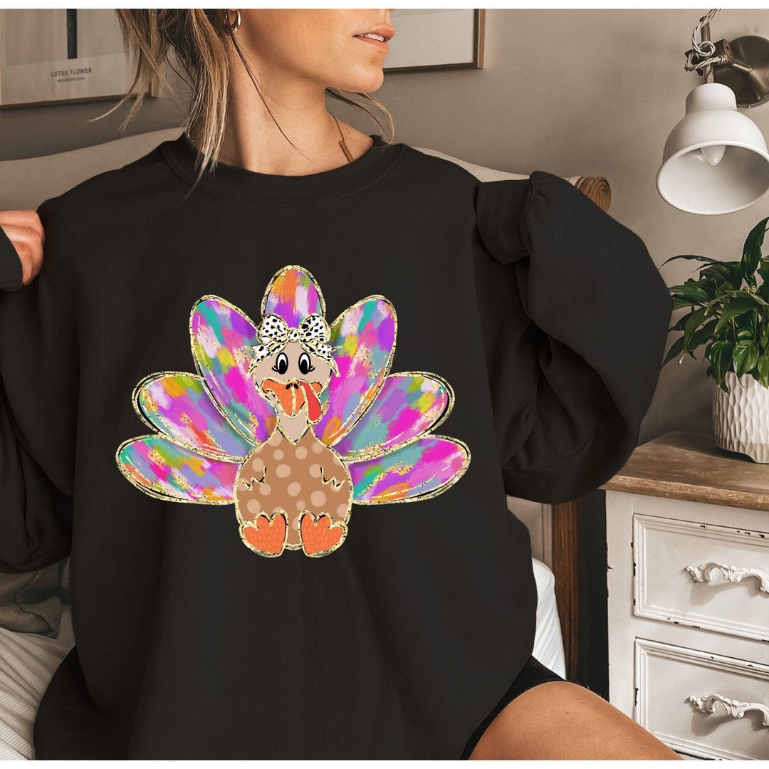 Colorful Coquette Gold Glitter Turkey Sweatshirt Girls Fall Turkey ...