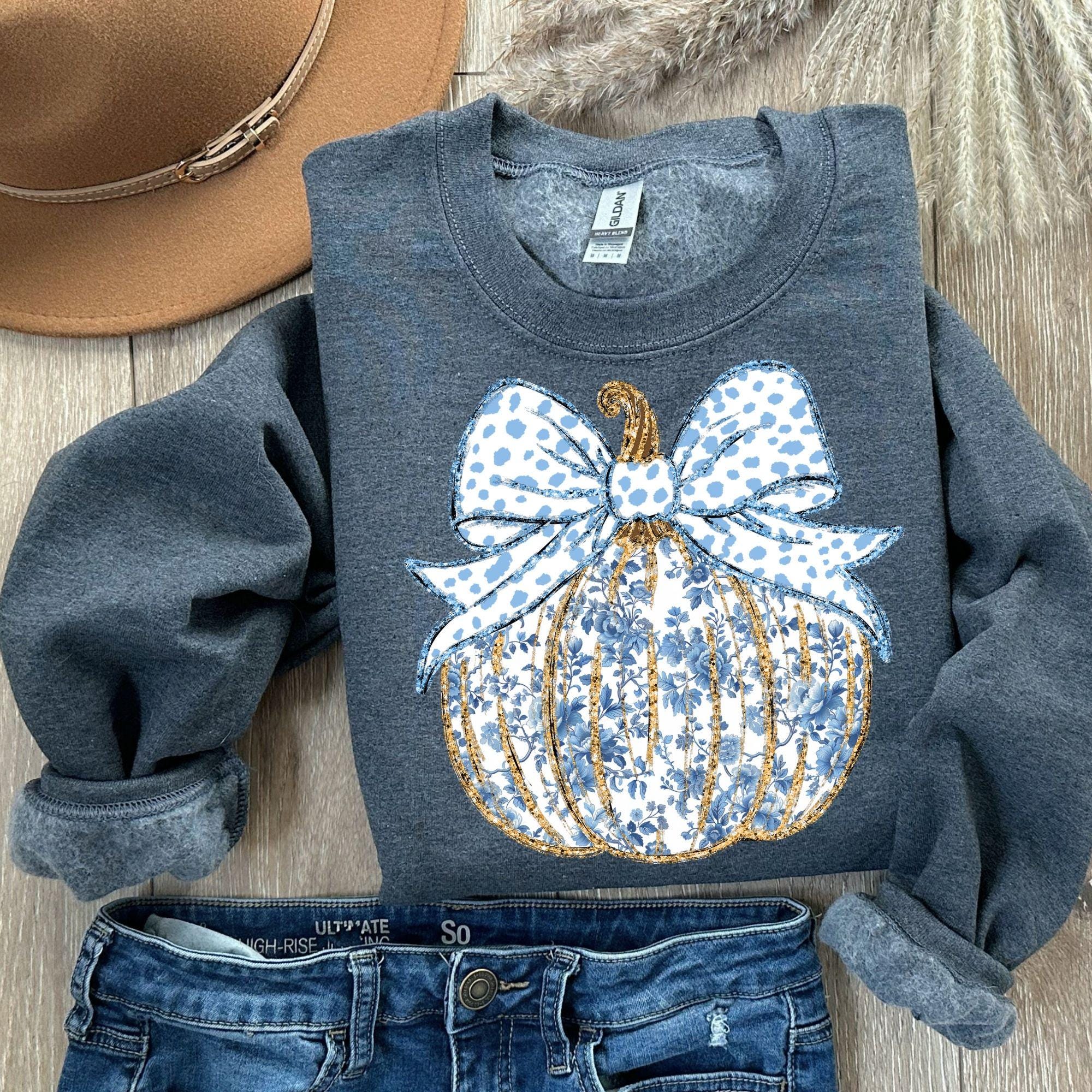 Grand Millennial Coquette Gold Glitter Pumpkin Sweatshirt Blue Floral ...