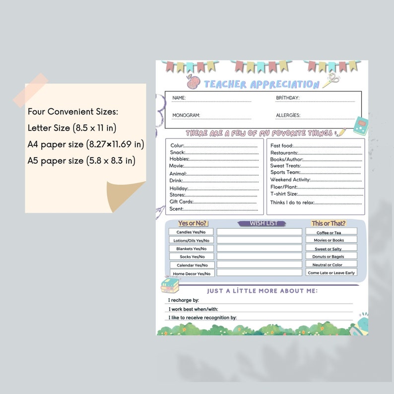 Teacher Favorites Printable, All About My Teacher, Favorite Things ...