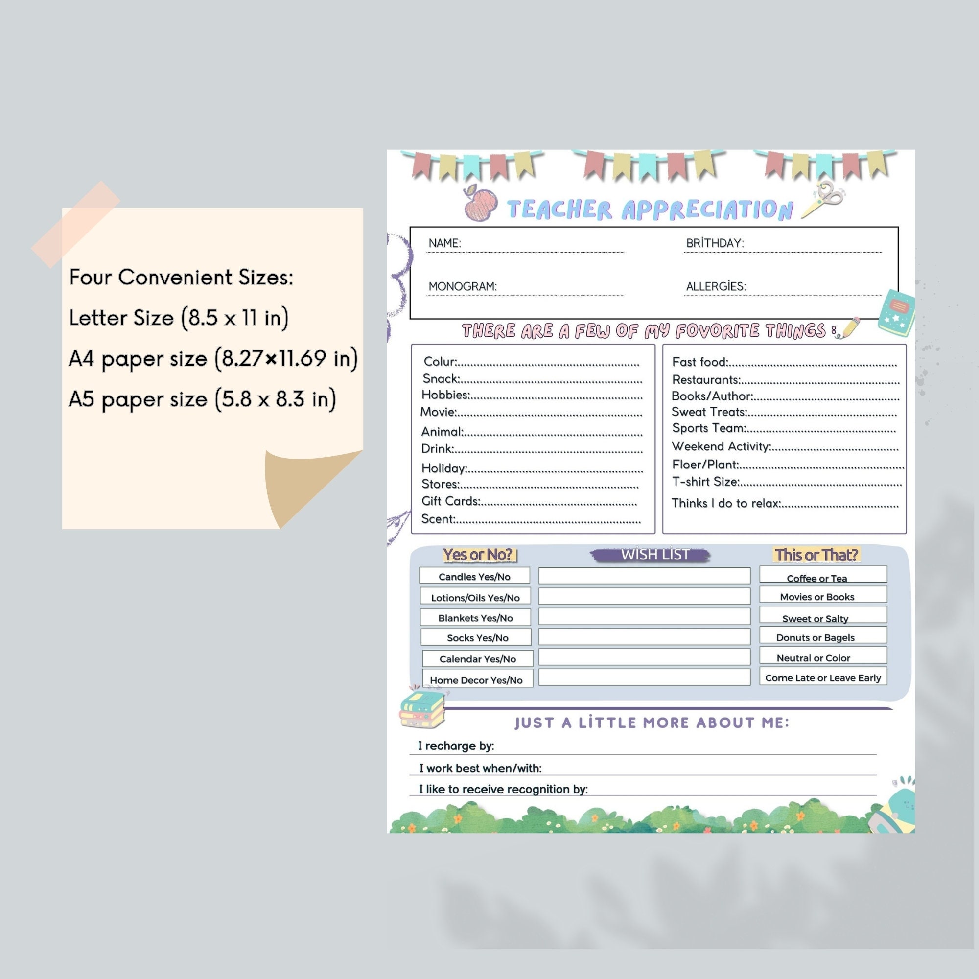 Teacher Favorites Printable, All About My Teacher, Favorite Things ...