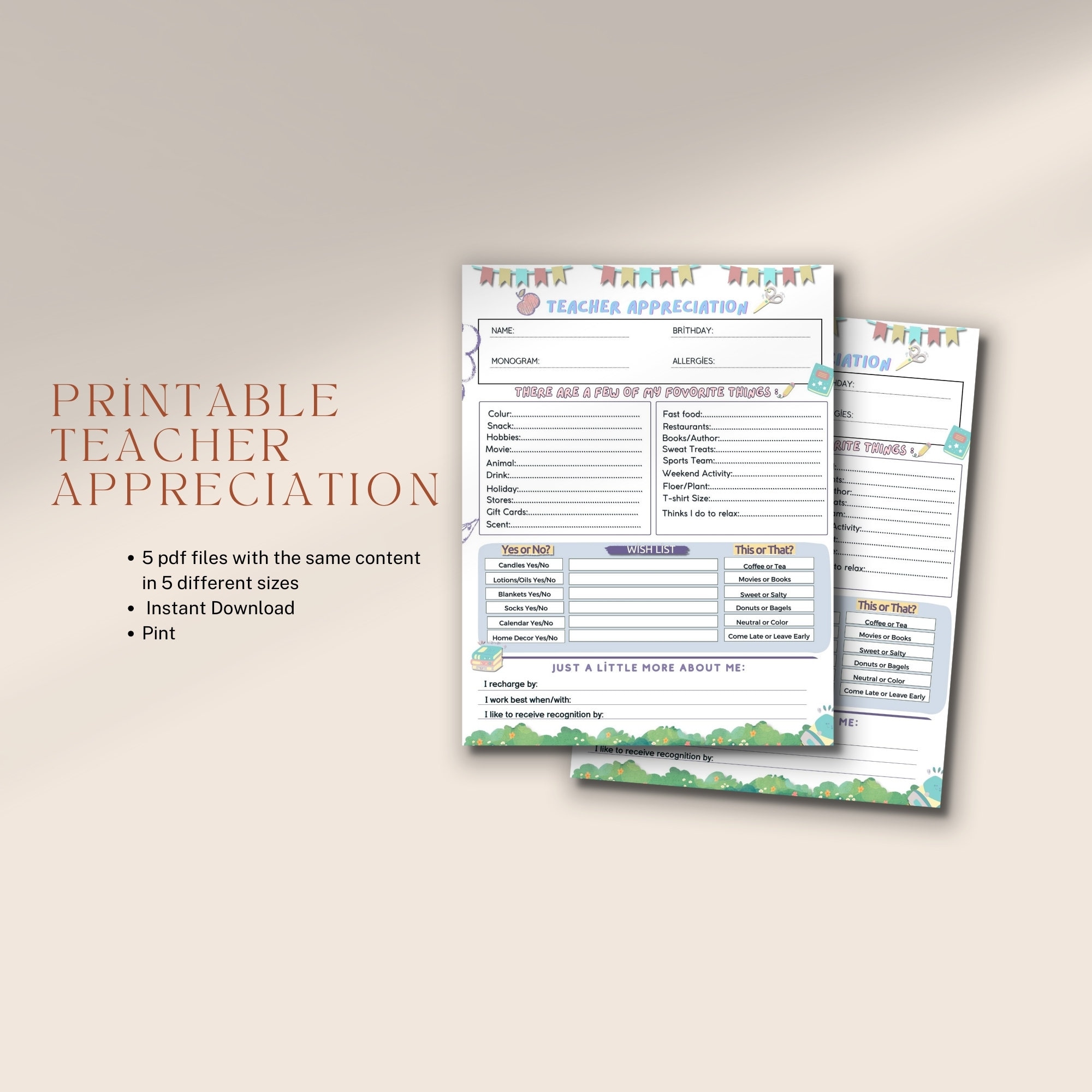 Teacher Favorites Printable, All About My Teacher, Favorite Things ...