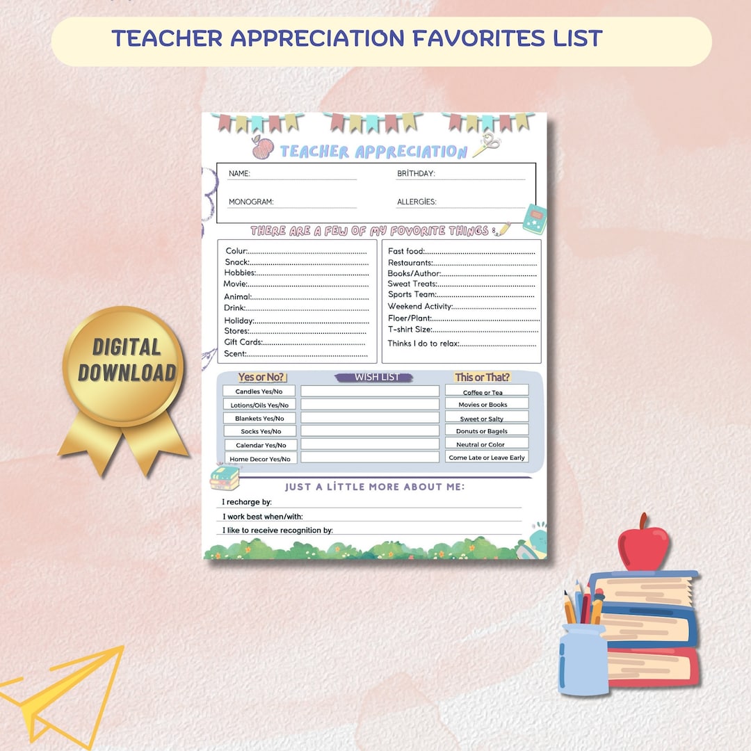 Teacher Favorites Printable, All About My Teacher, Favorite Things ...