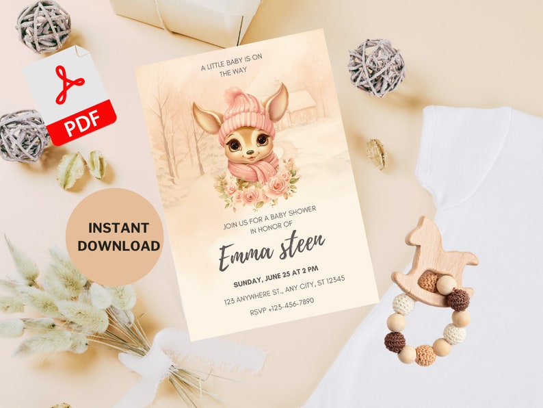 Editable Winter Woodland Baby Shower Invitation , Cute Fawn ,cozy Pink ...