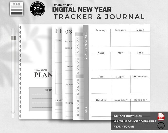 Digital New Year Goals Tracker Printable, Yearly Resolutions Organizer ...