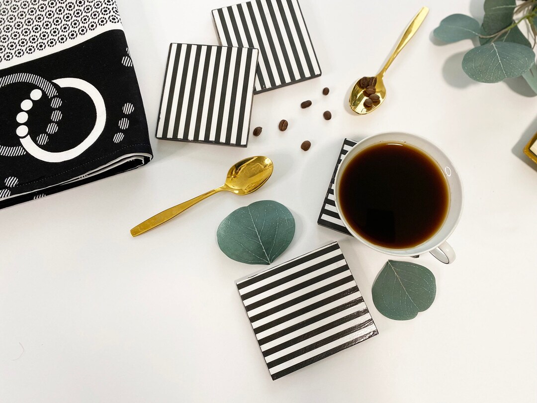 Wooden Coasters Black and White Square, Set of Four Coasters, Wood ...