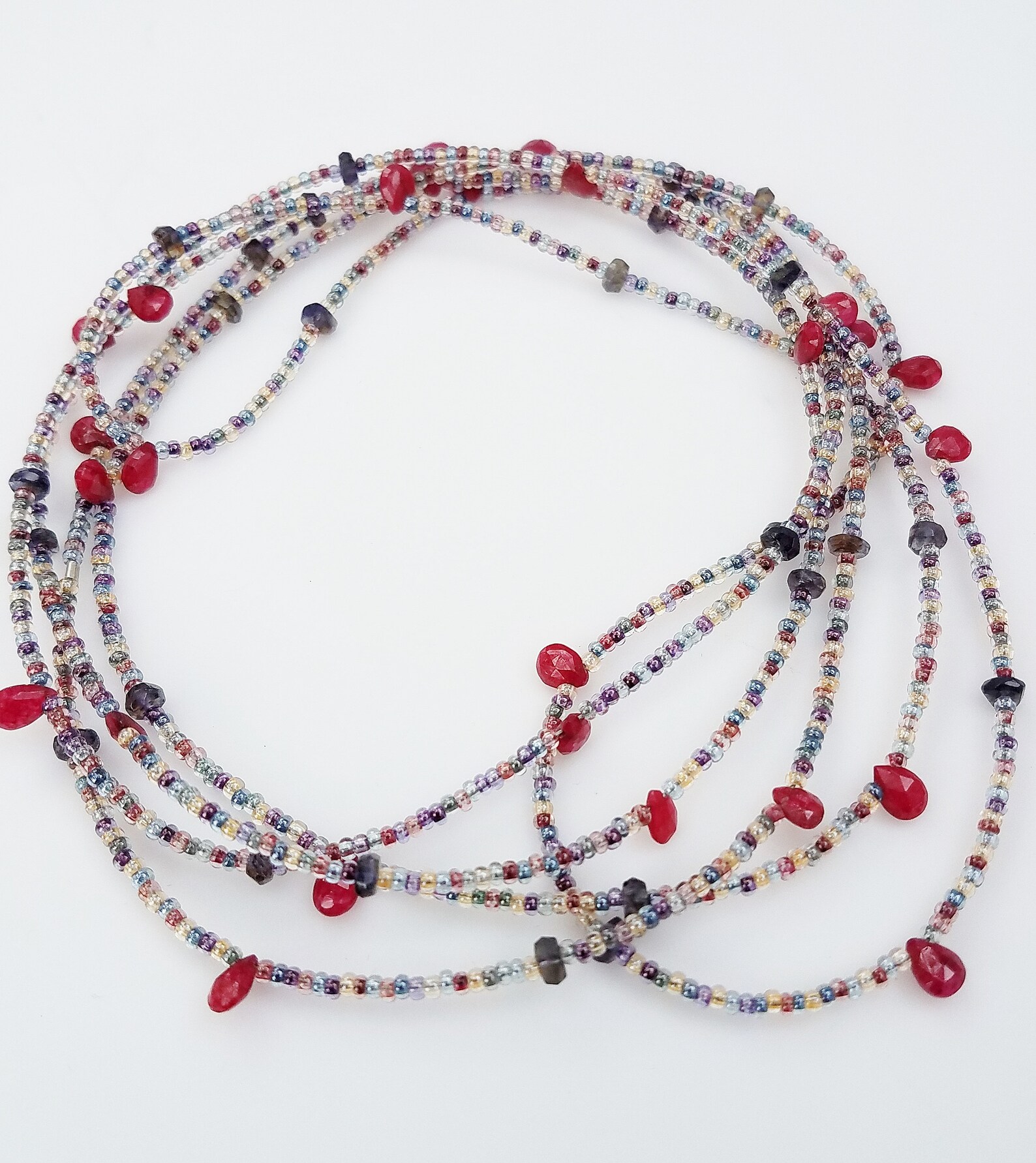 Red Ruby and Iolite Multi-color Seed Bead Minimalist Necklace - 18.5 or ...