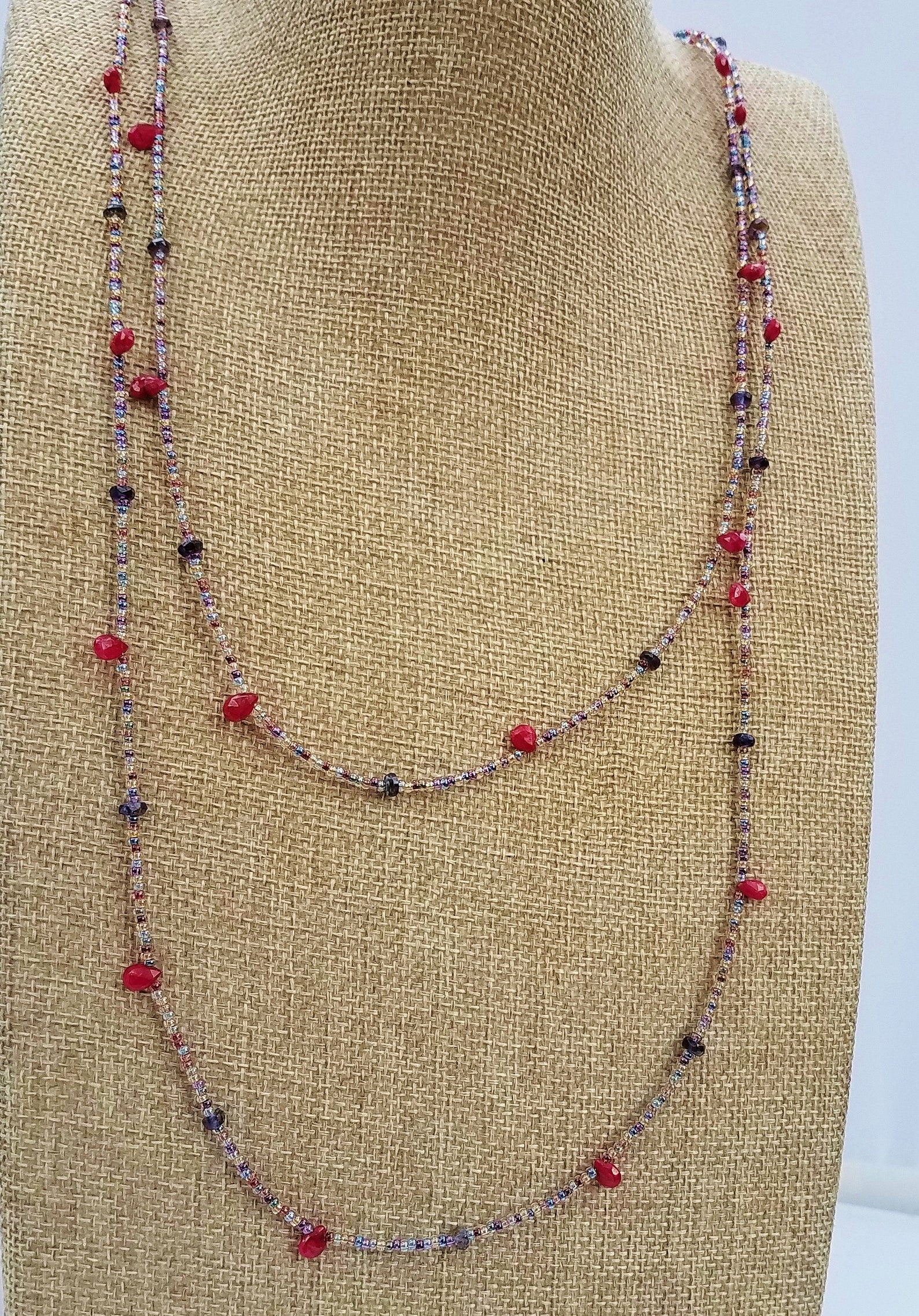 Red Ruby and Iolite Multi-color Seed Bead Minimalist Necklace - 18.5 or ...