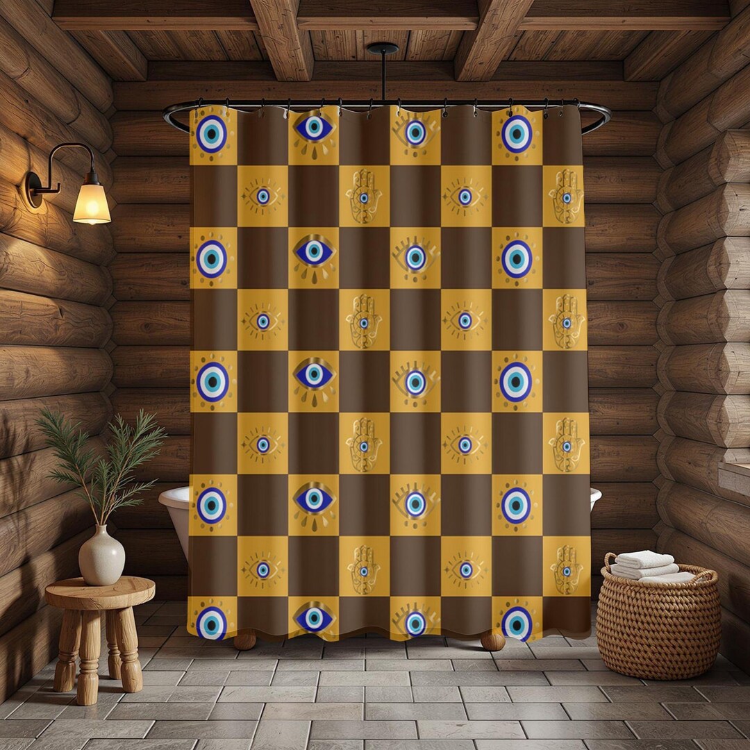 Evil Eye and Hamsa Pattern Shower Curtain | Brown Checkerboard - Etsy