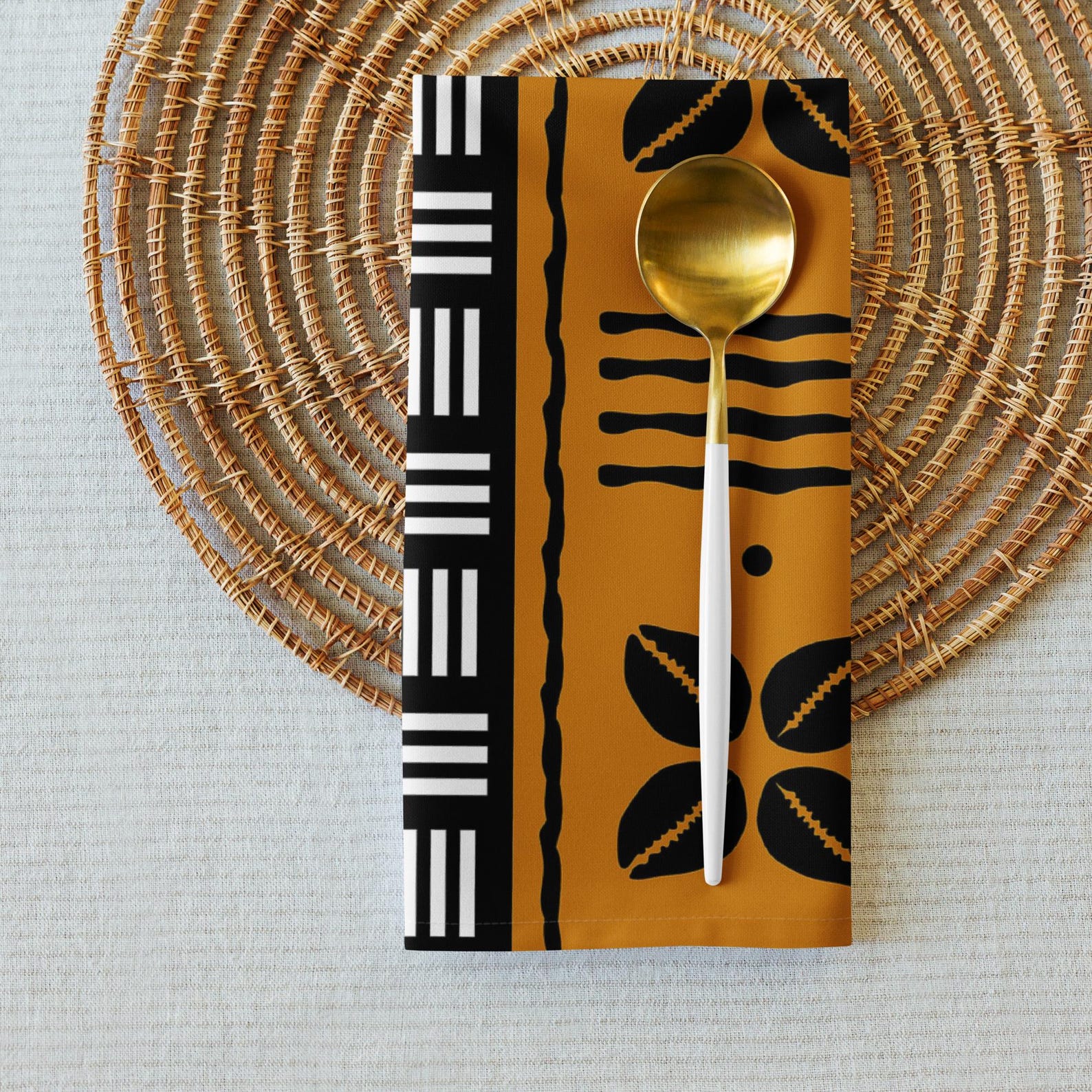 African Shells Napkins Set, Gold Mudcloth Linens, Ethnic Table Decor ...