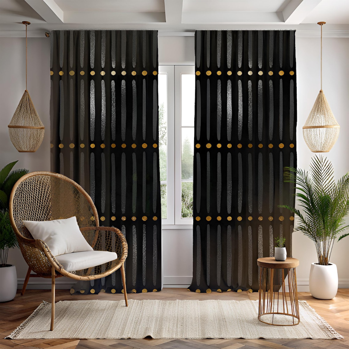 Gold Dotted African Curtains Black & Gold Window Panels Curtain Panels ...