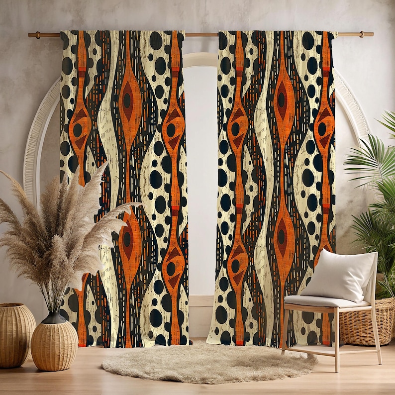 African Boho Curtains, Tribal Print Window Curtains, Abstract African ...