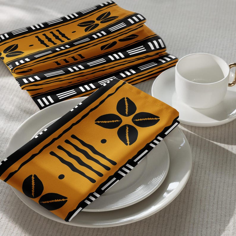 African Shells Napkins Set, Gold Mudcloth Linens, Ethnic Table Decor ...