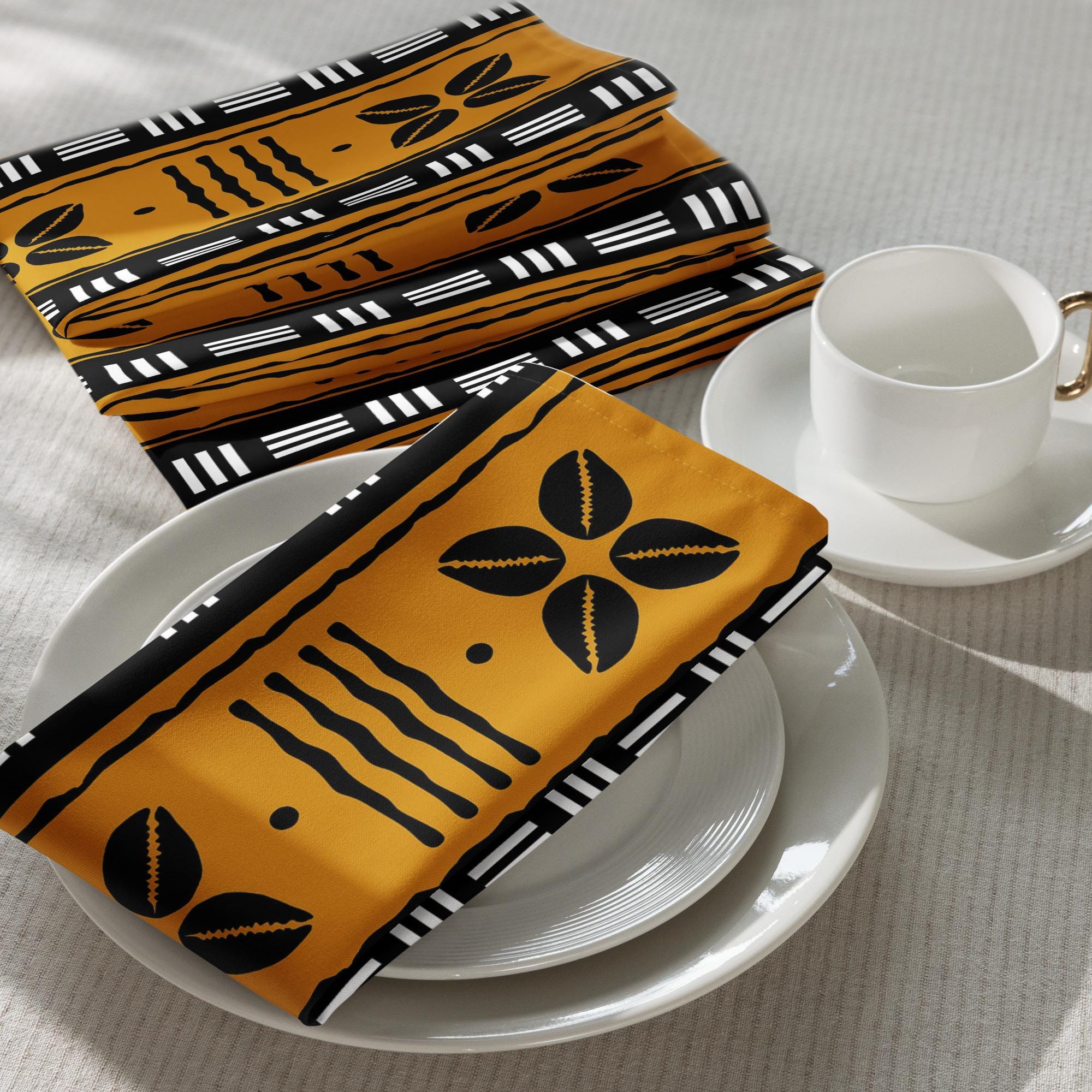 African Shells Napkins Set, Gold Mudcloth Linens, Ethnic Table Decor ...