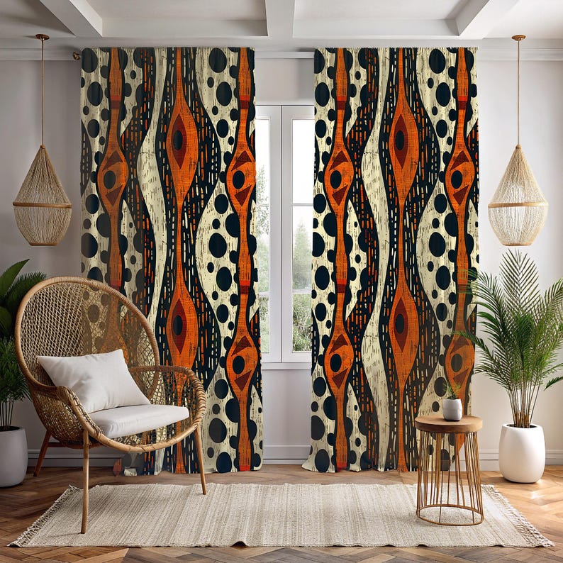 African Boho Curtains, Tribal Print Window Curtains, Abstract African ...