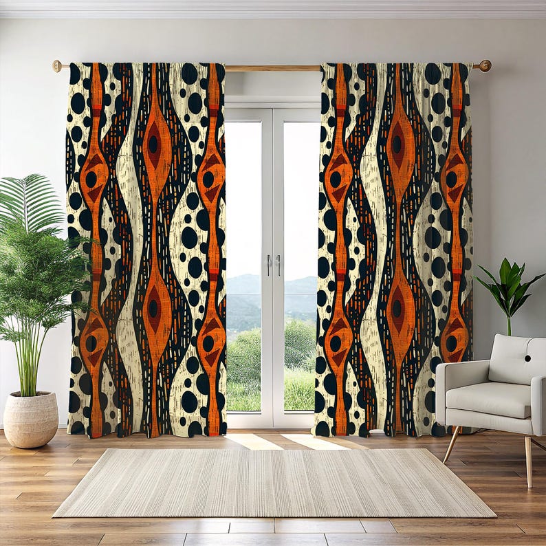 African Boho Curtains, Tribal Print Window Curtains, Abstract African ...