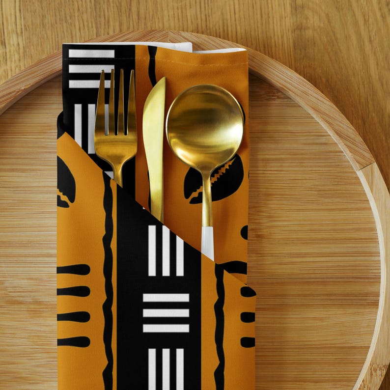 African Shells Napkins Set, Gold Mudcloth Linens, Ethnic Table Decor ...