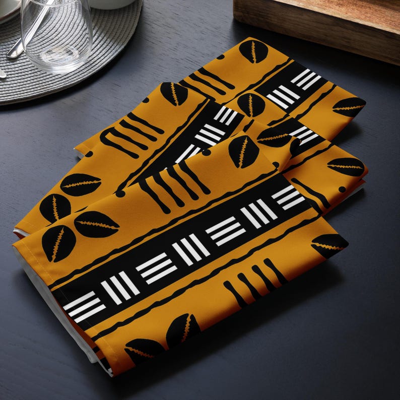 African Shells Napkins Set, Gold Mudcloth Linens, Ethnic Table Decor ...