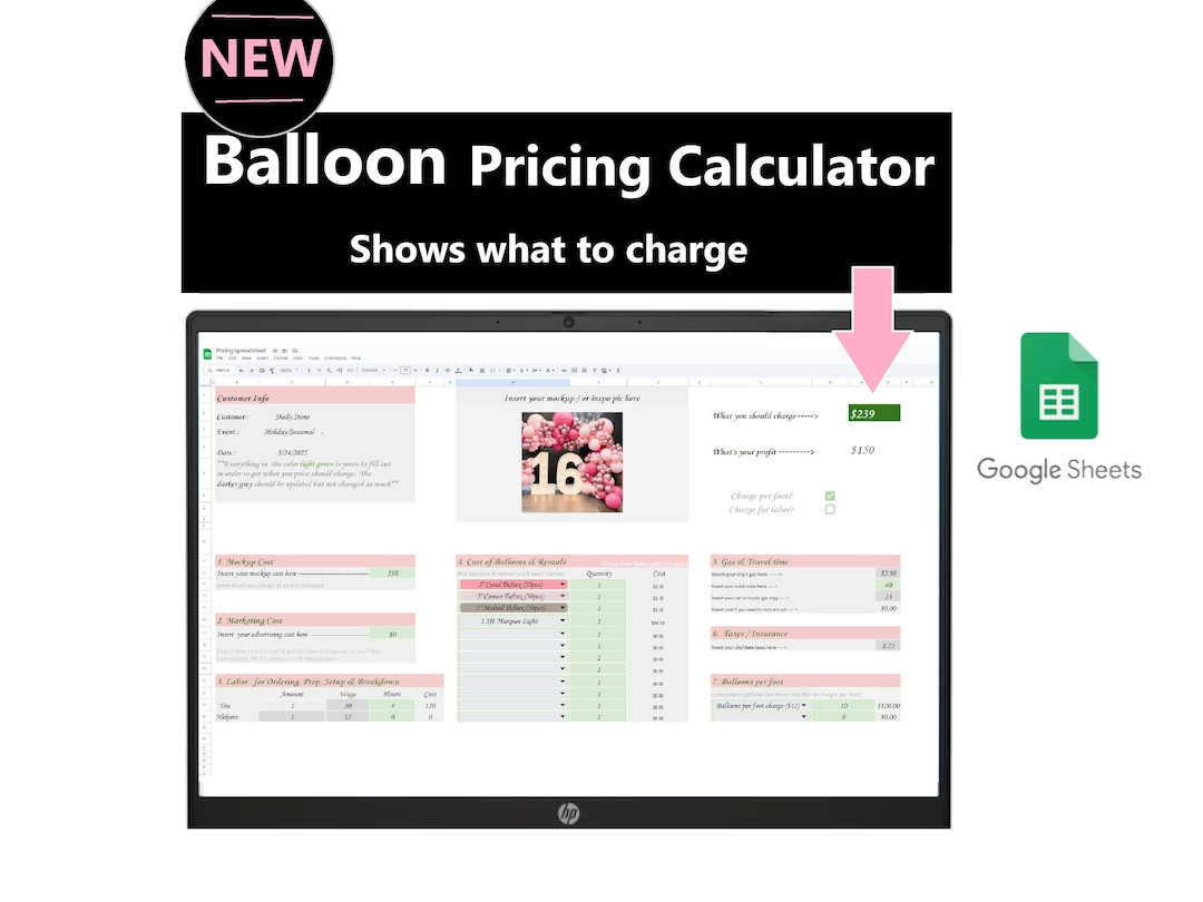 Balloon Pricing Calculator- Google Spreadsheet- Instantly Shows What to ...