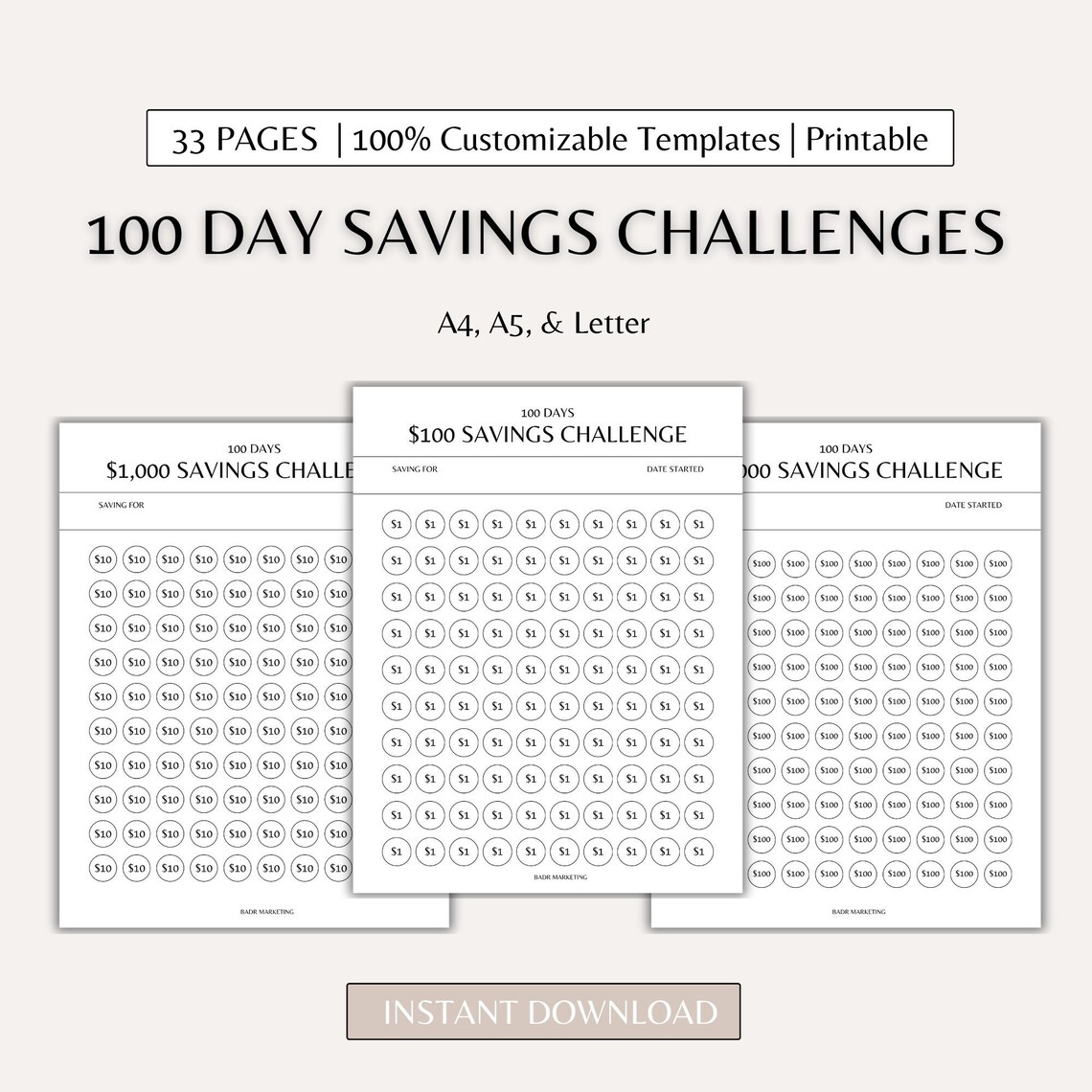 100 Day Money Savings Challenge Printable Template Custom Finance ...