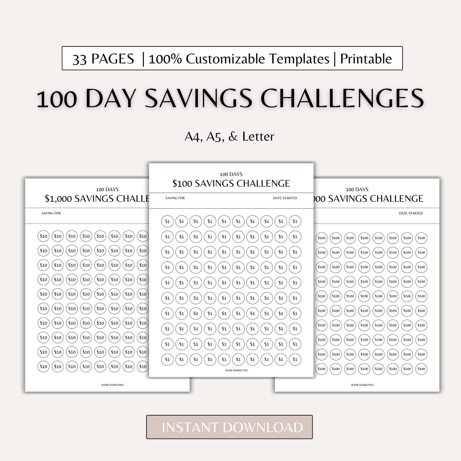 100 Day Money Savings Challenge Printable Template Custom Finance ...