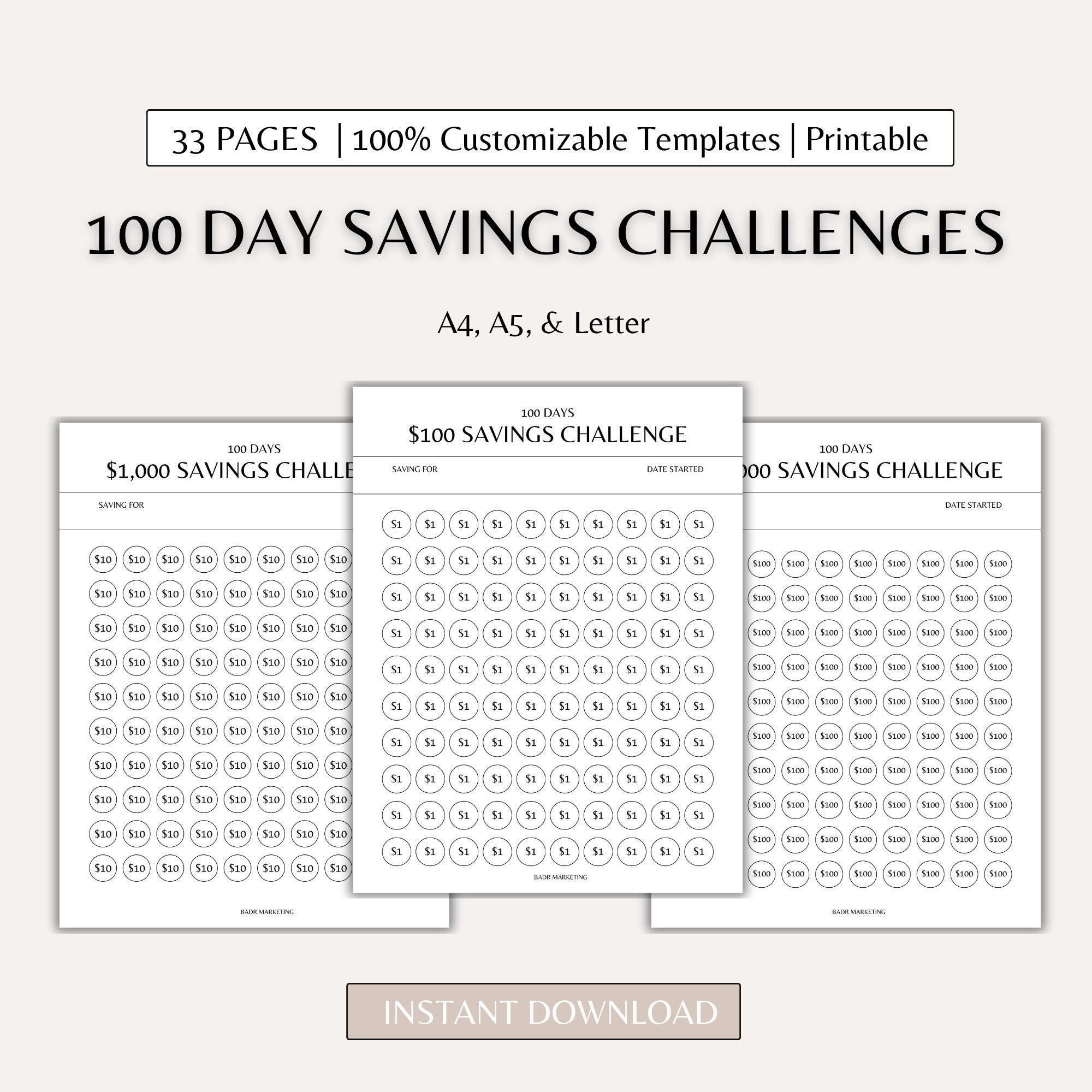 100 Day Money Savings Challenge Printable Template Custom Finance ...