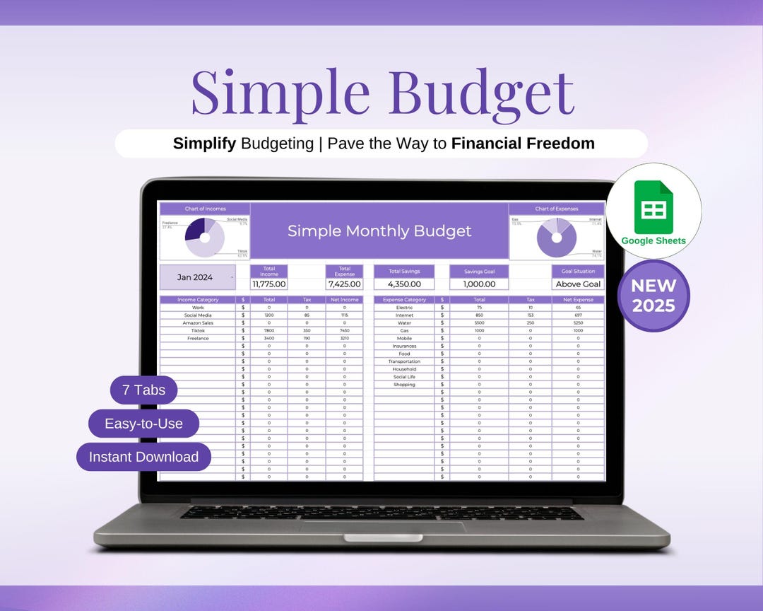 Simple Budget Planner Google Sheets, Monthly Annual Budget Spreadsheet ...